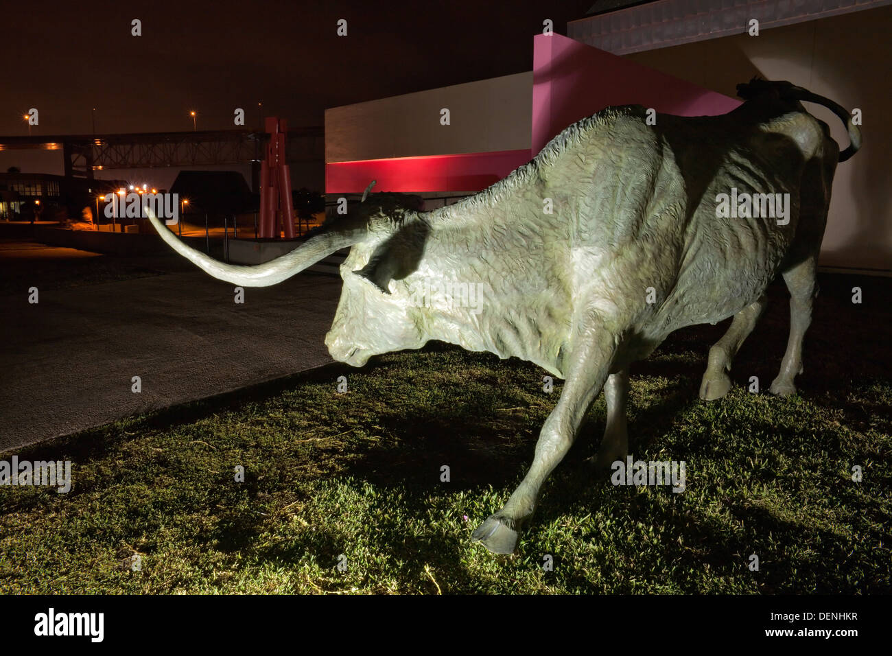 Statue of a bull at The Art Museum of South Texas at night, Corpus ...