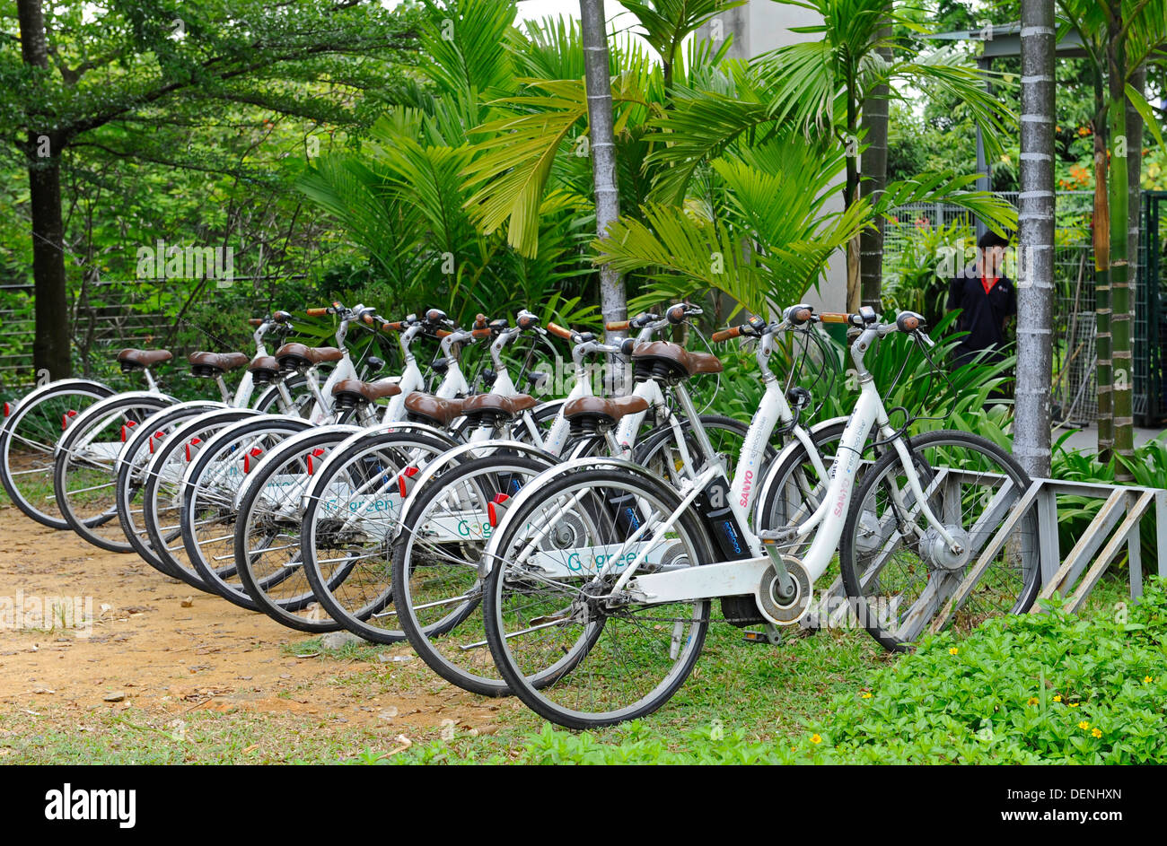 Electric powered cycles in their racks ready to be hired Stock Photo ...