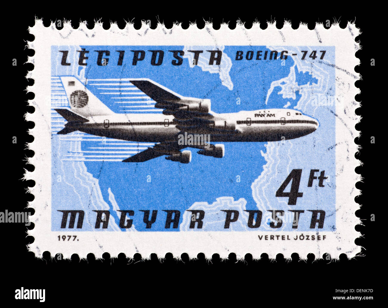 Postage stamp from Hungary depicting a Boeing 747 from Pan Am and a map ...