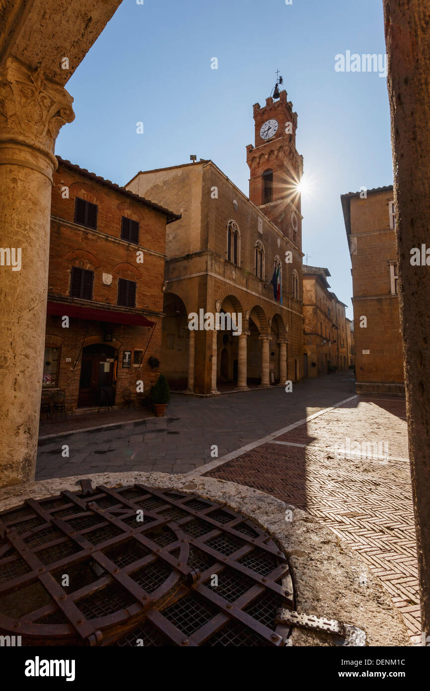 Piazza Pio II and the Palazzo Comunale (Comunal Palace) at sunrise ...