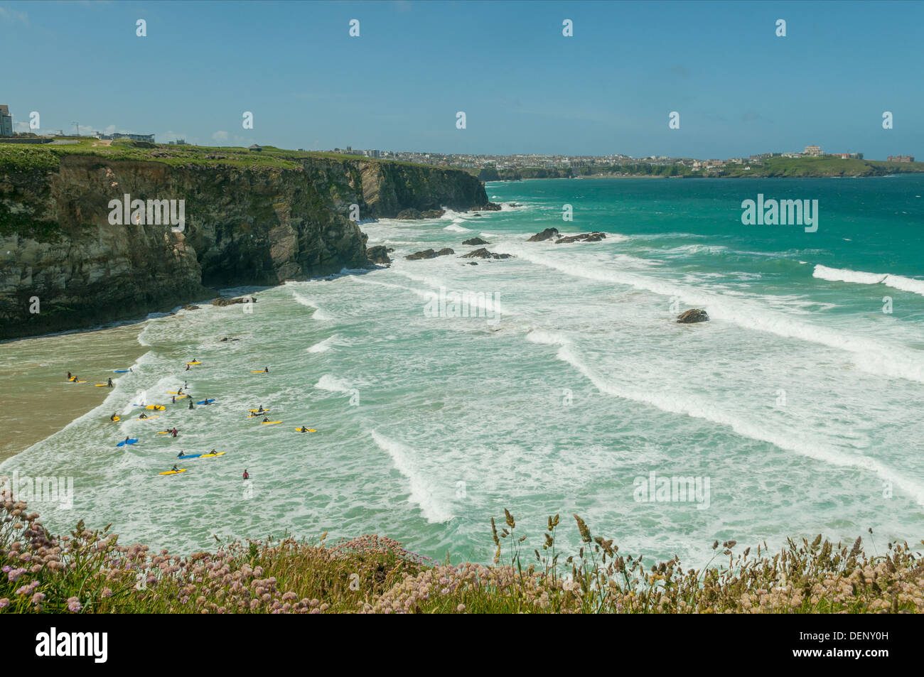 Surfers at Beach on Newquay Bay, Newquay, Cornwall, England Stock Photo ...