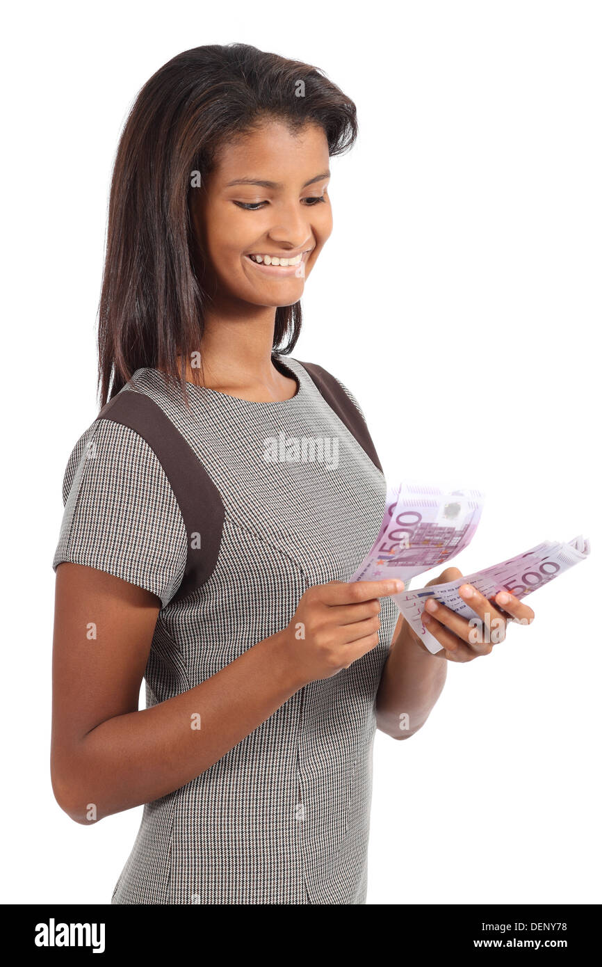 Beautiful african american businesswoman counting money isolated on a ...