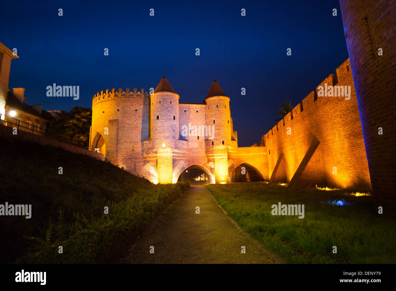 Barbican fortification walls in Warsaw, capital of Poland at night dusk ...