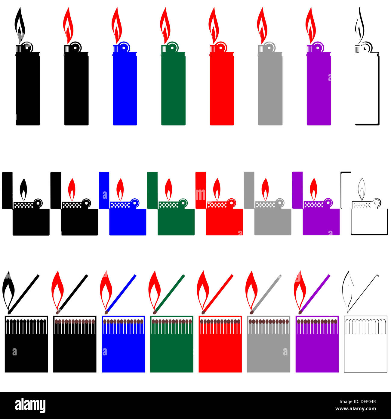 A set of multi-colored sets of matches and lighters. The illustration ...