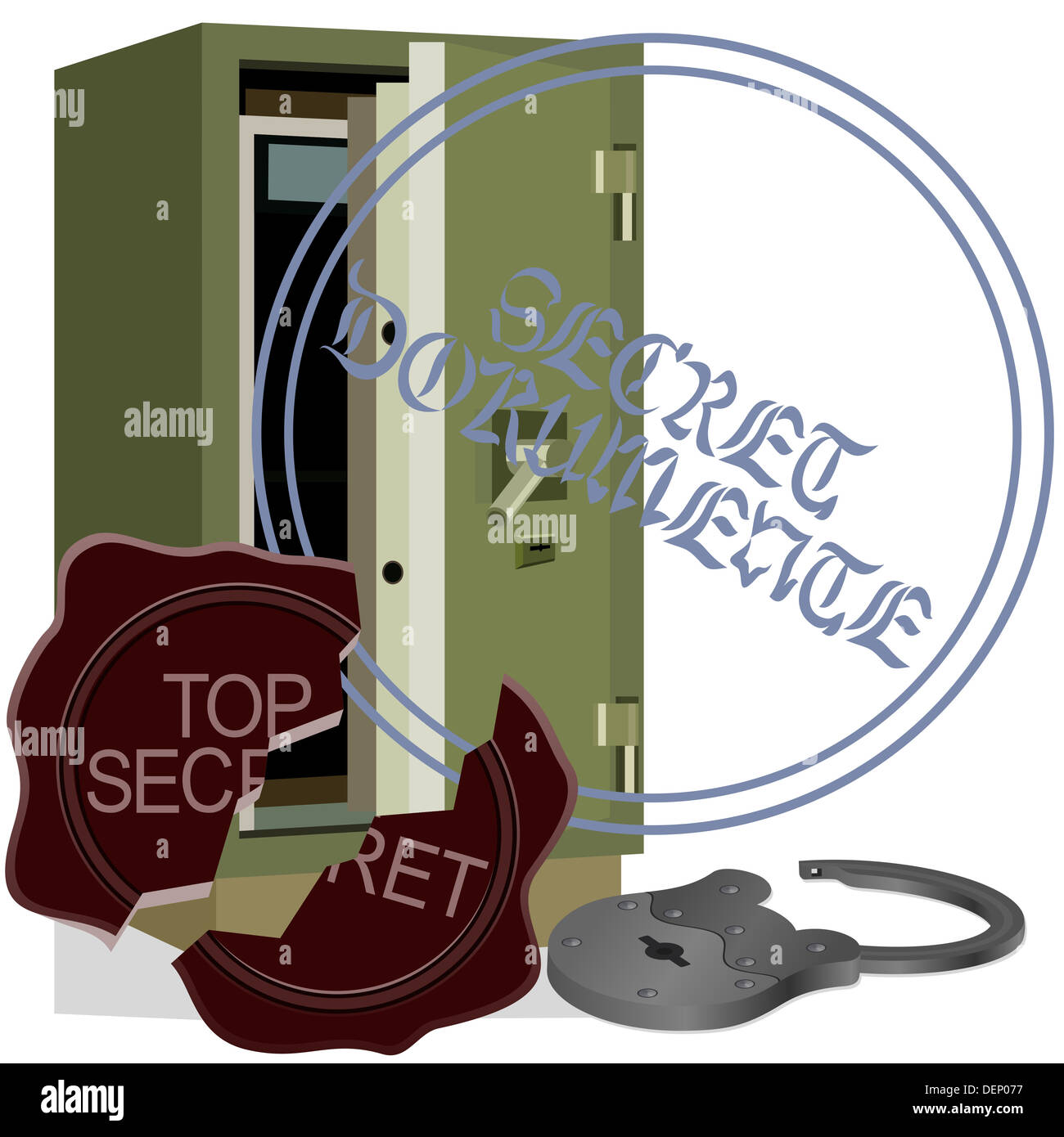 Open padlock and a broken wax seal near the bank safe. The illustration ...