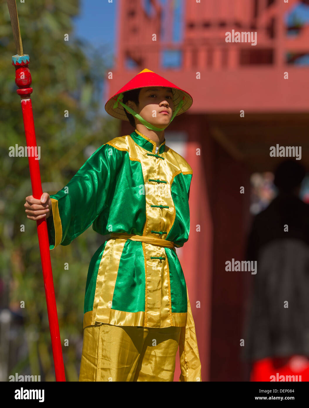 Role player dressed as Emperor Quang Trung's soldier at Vietnamese Tet ...