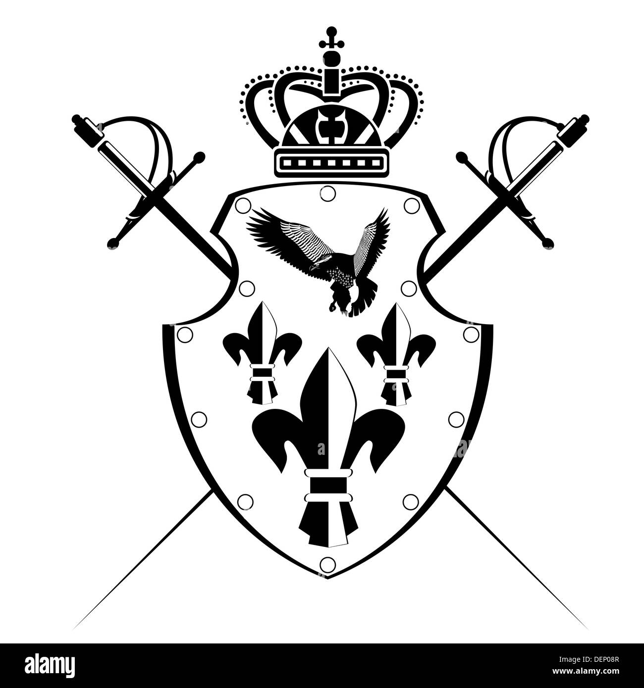 Shield with the arms, two swords and the royal crown. Black and white ...