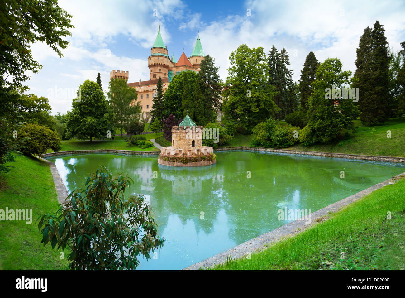 Pond with water and small architectural eleen near Bojnice castle in ...