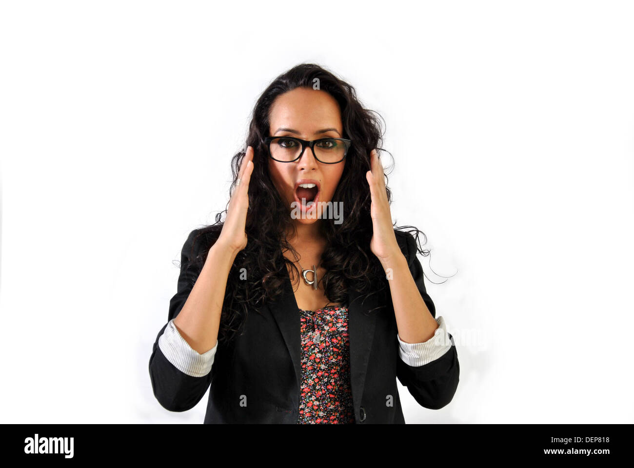 Business woman screaming of receiving a surprise Stock Photo - Alamy
