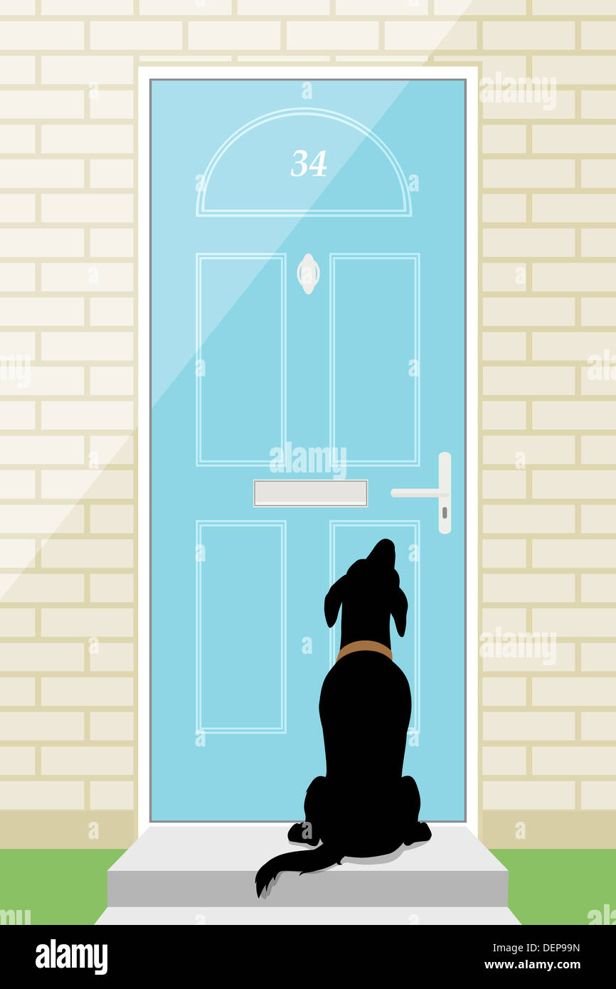 Illustration of a pet dog waiting outside a front door Stock Photo - Alamy
