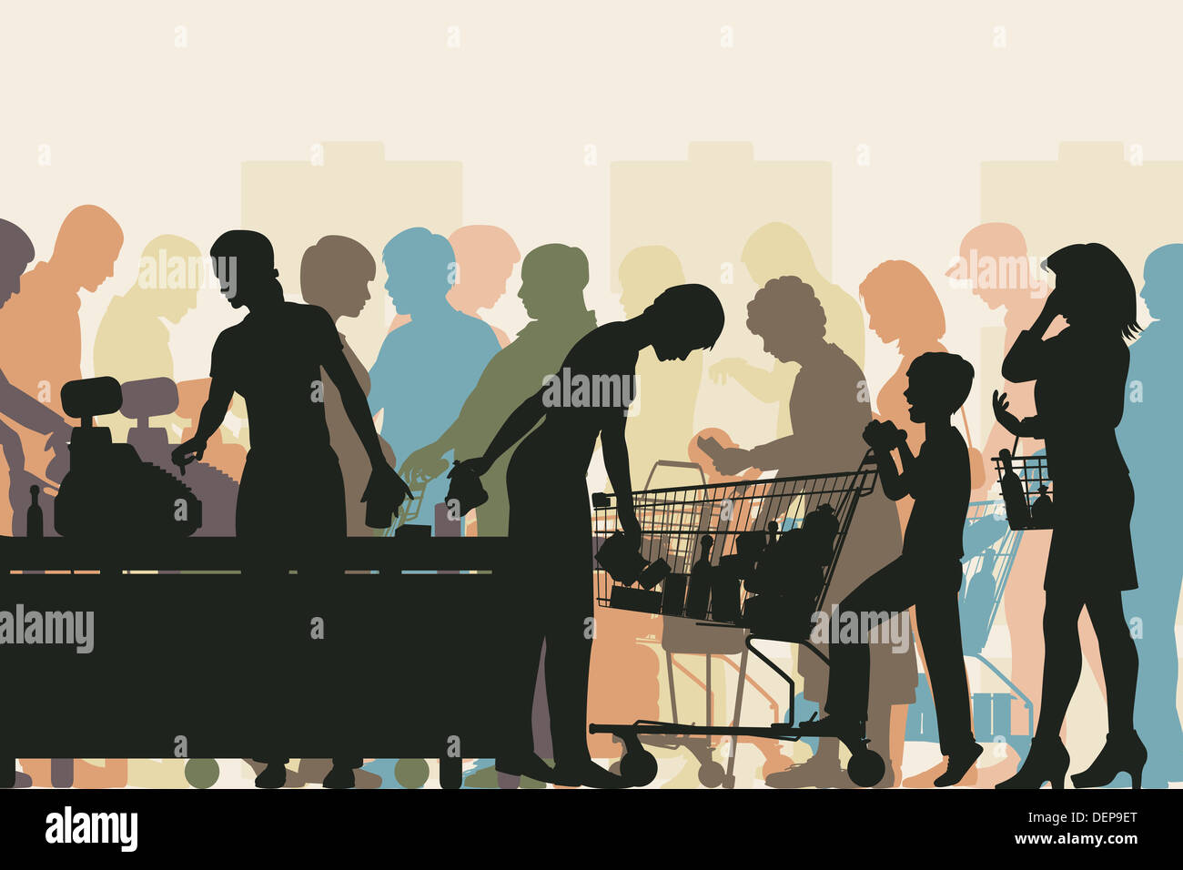 Colorful illustration of people in checkout queues in a busy ...