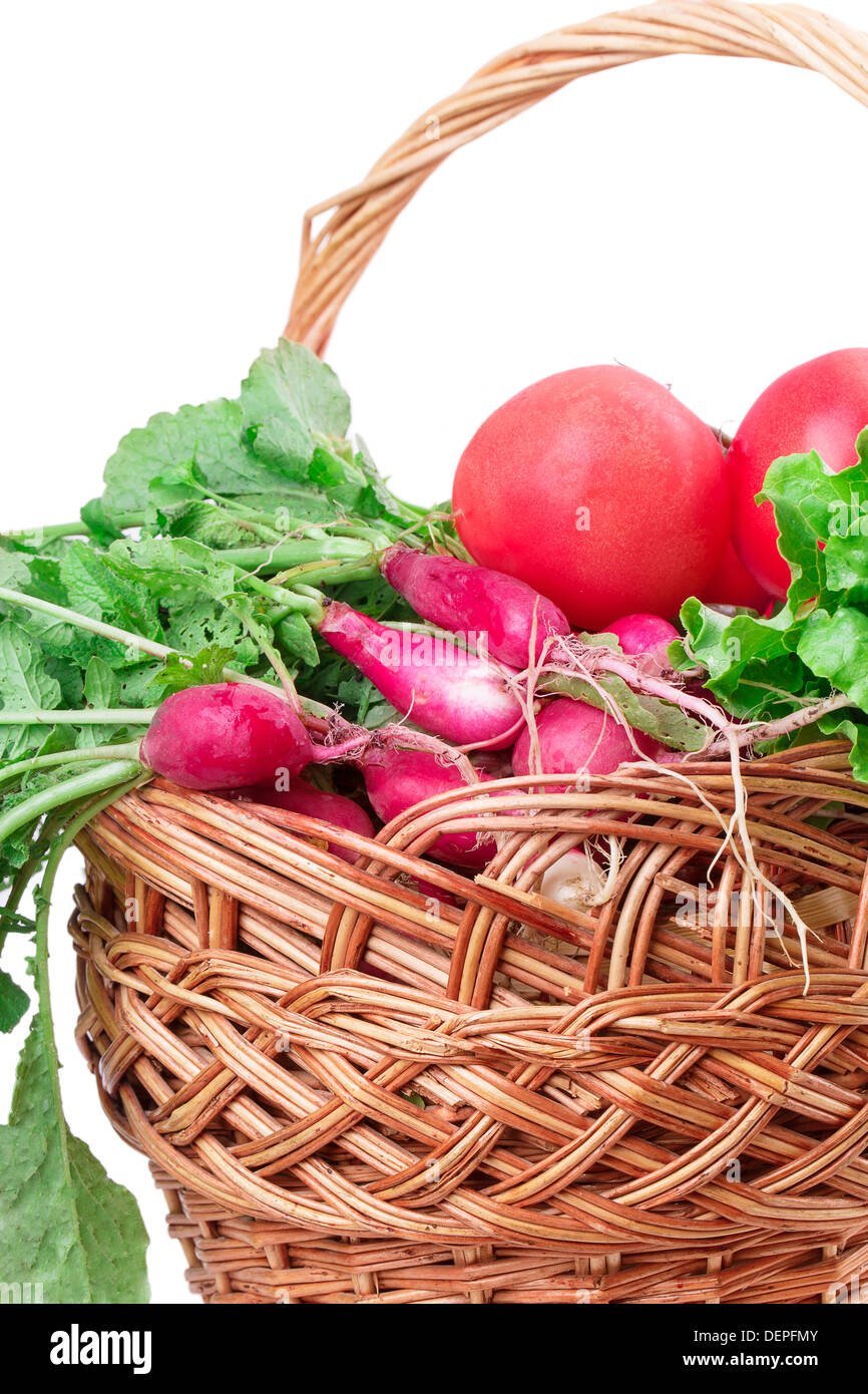 radish, tomato, lettuce, basket isolated on white background Stock ...