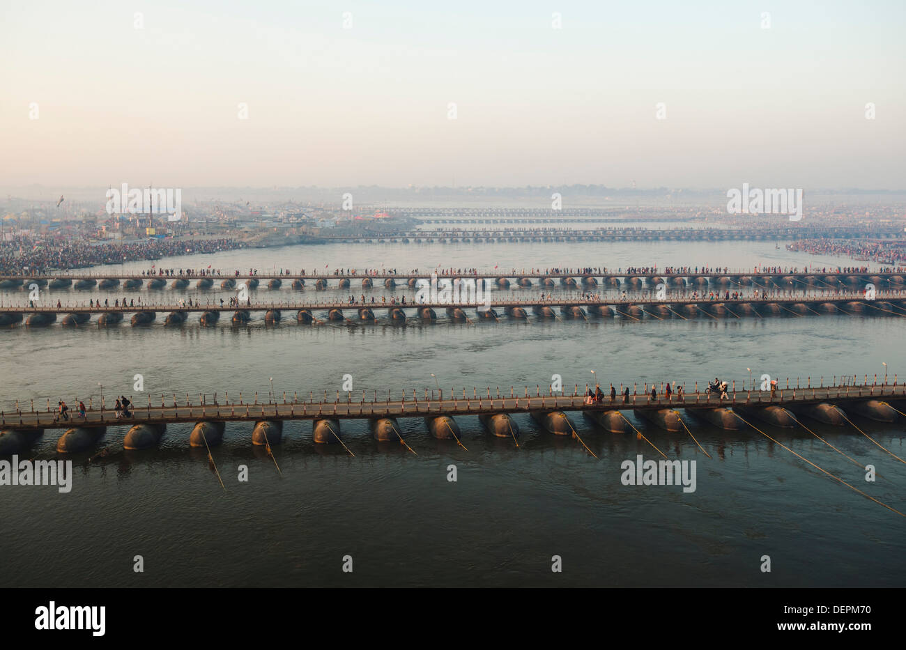 Aerial view of bridges across a River, Ganges River, Allahabad, Uttar ...