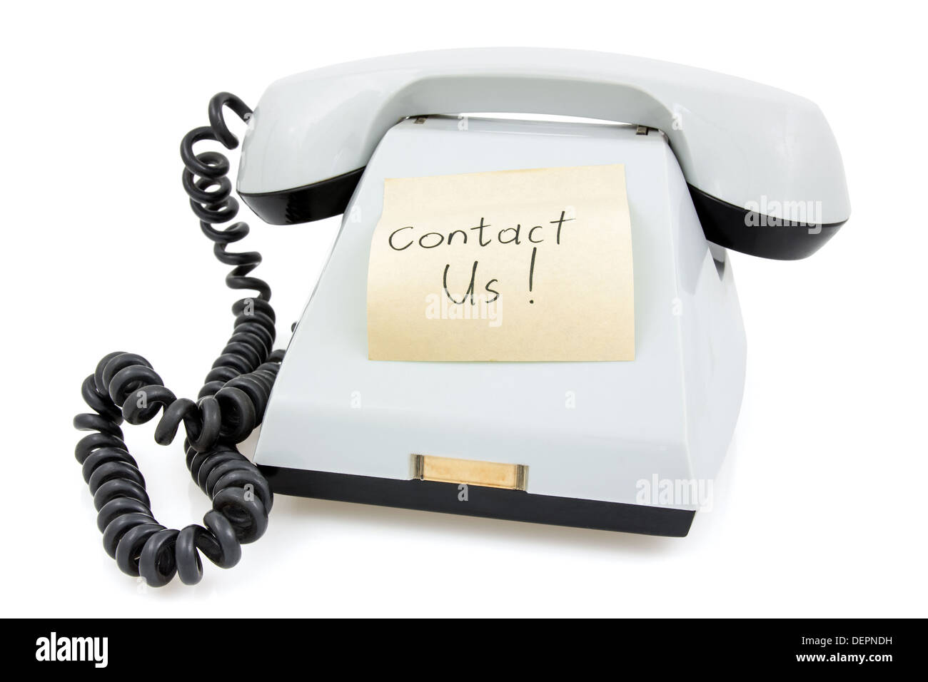 White telephone with sticky note Contact Us Stock Photo - Alamy