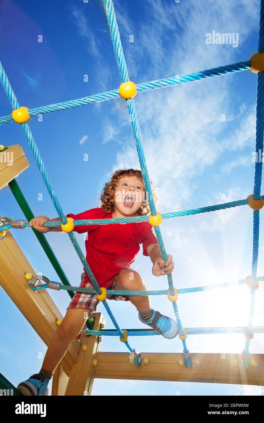 Happy little three years old child with strong roar and scream fun ...