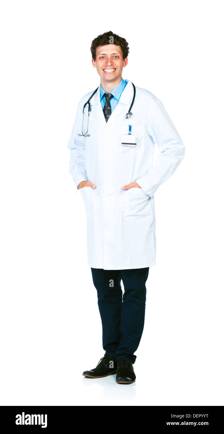 Full length portrait of the smiling doctor standing on a white ...