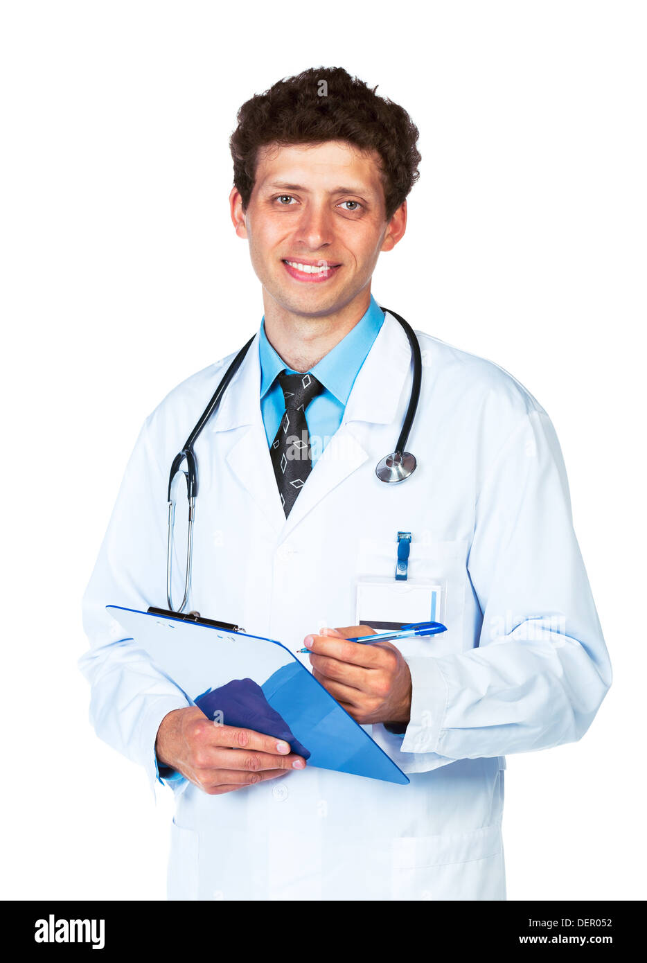 Portrait of smiling young male doctor writing on a patient's medical ...