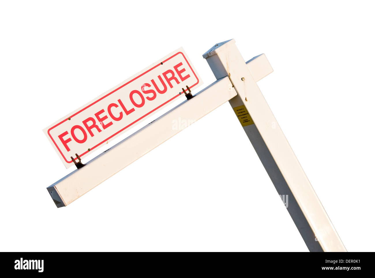 Leaning foreclosure sign on white background Stock Photo - Alamy