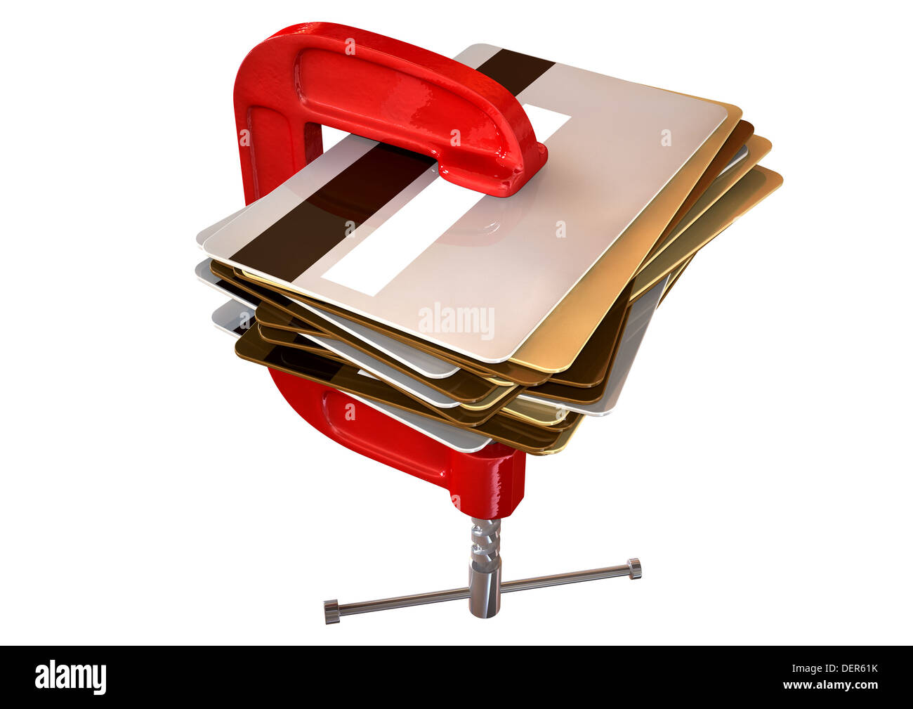 A concept pile of credit cards being squeezed by a red clamp on an ...