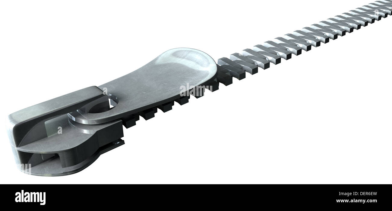 An extreme close up of the mechanism of a zipper on an isolated white ...