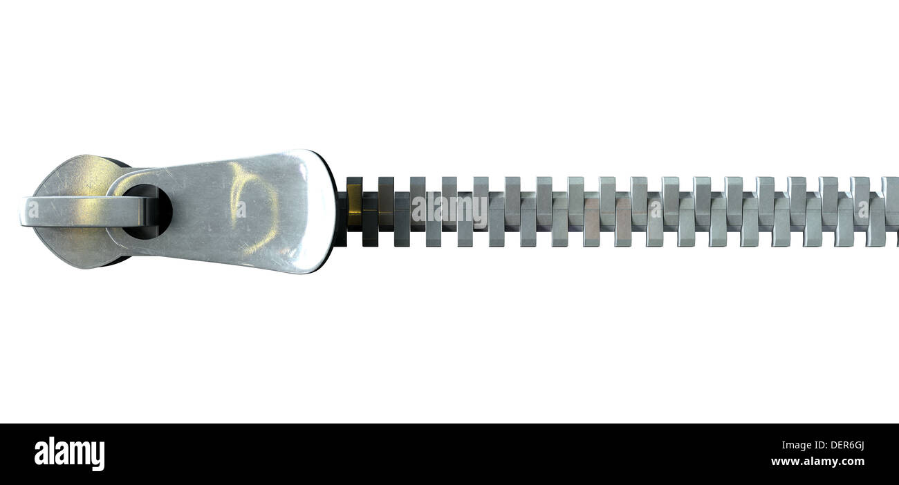 An extreme close up of the mechanism of a zipper on an isolated white ...