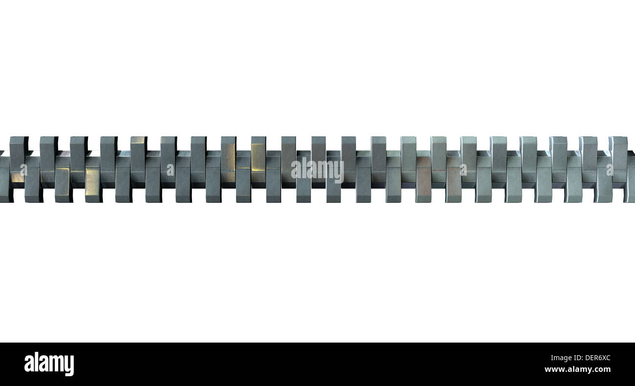 An extreme close up of the mechanism of a zipper on an isolated white ...