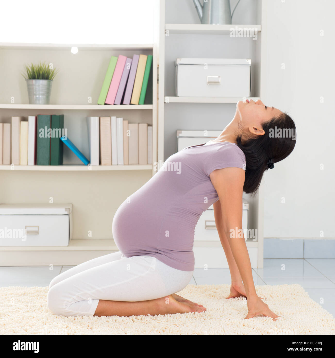 Pregnancy yoga meditation. Full length healthy 8 months pregnant calm ...