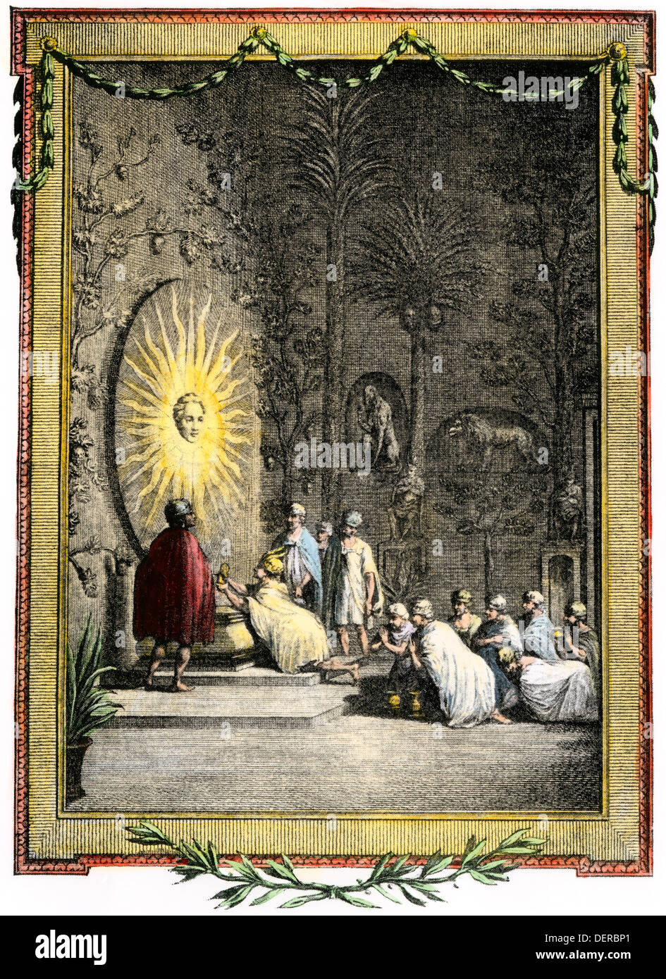 Aztecs worshiping in the Temple of the Sun. Hand-colored woodcut Stock ...