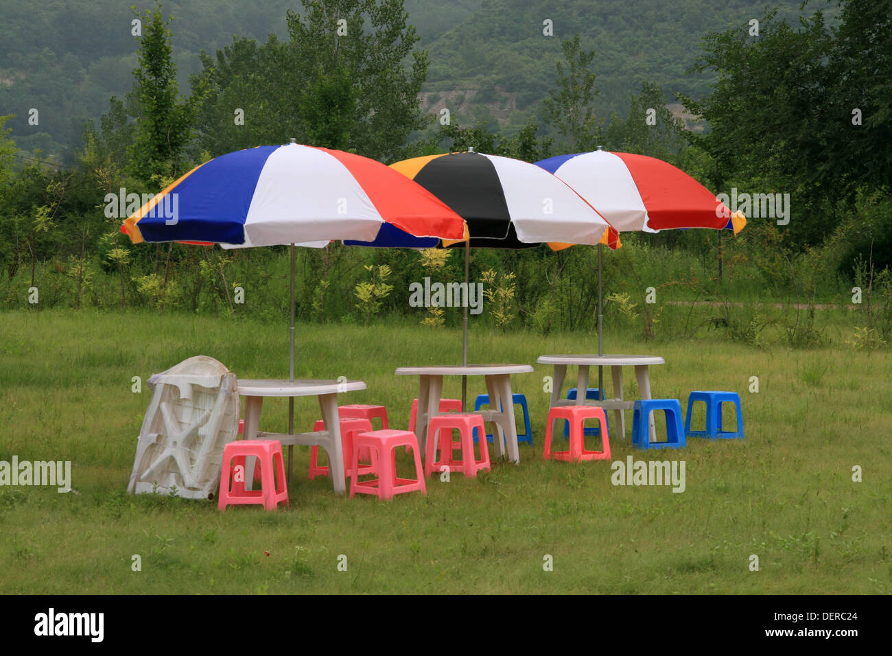 colorful seats and umbrella in the green grass Stock Photo - Alamy