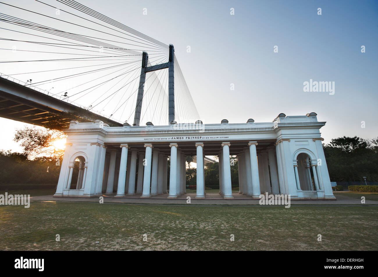 Facade of a memorial with bridge in the background, Prinsep Ghat ...