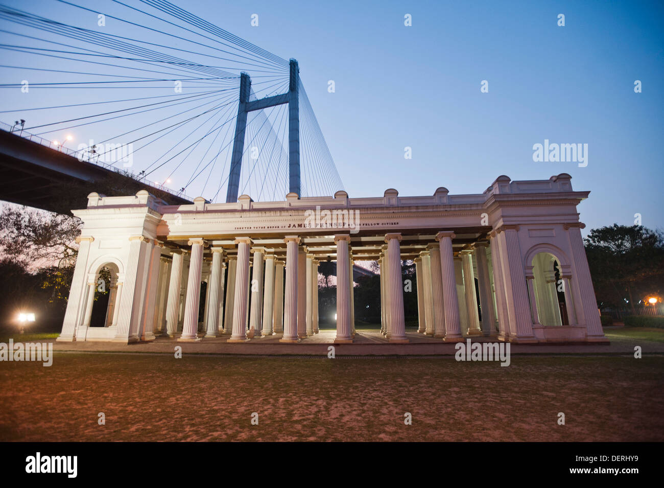 Facade of a memorial with bridge in the background, Prinsep Ghat ...