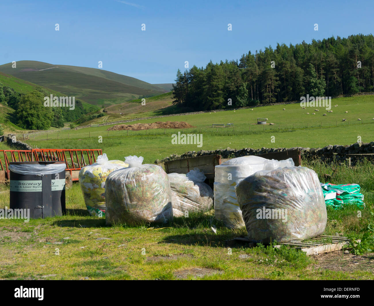 Giant bags for farming waste, awaiting collection on a hill farm in the ...