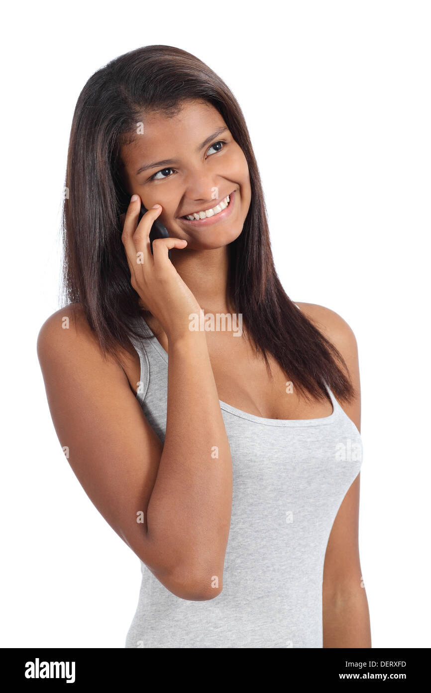 Beautiful african american girl on the phone isolated on a white ...