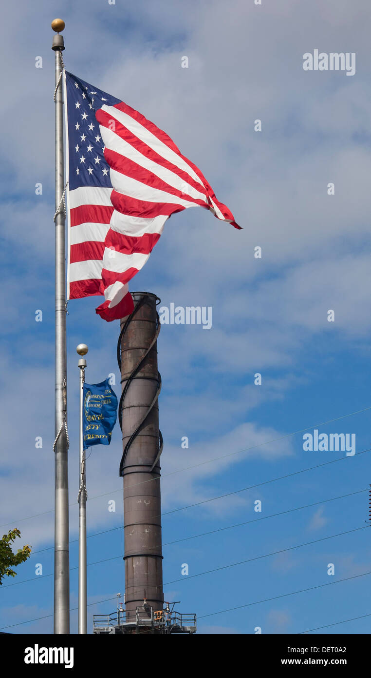 Detroit, Michigan - A smokestack and American flag at the Marathon ...