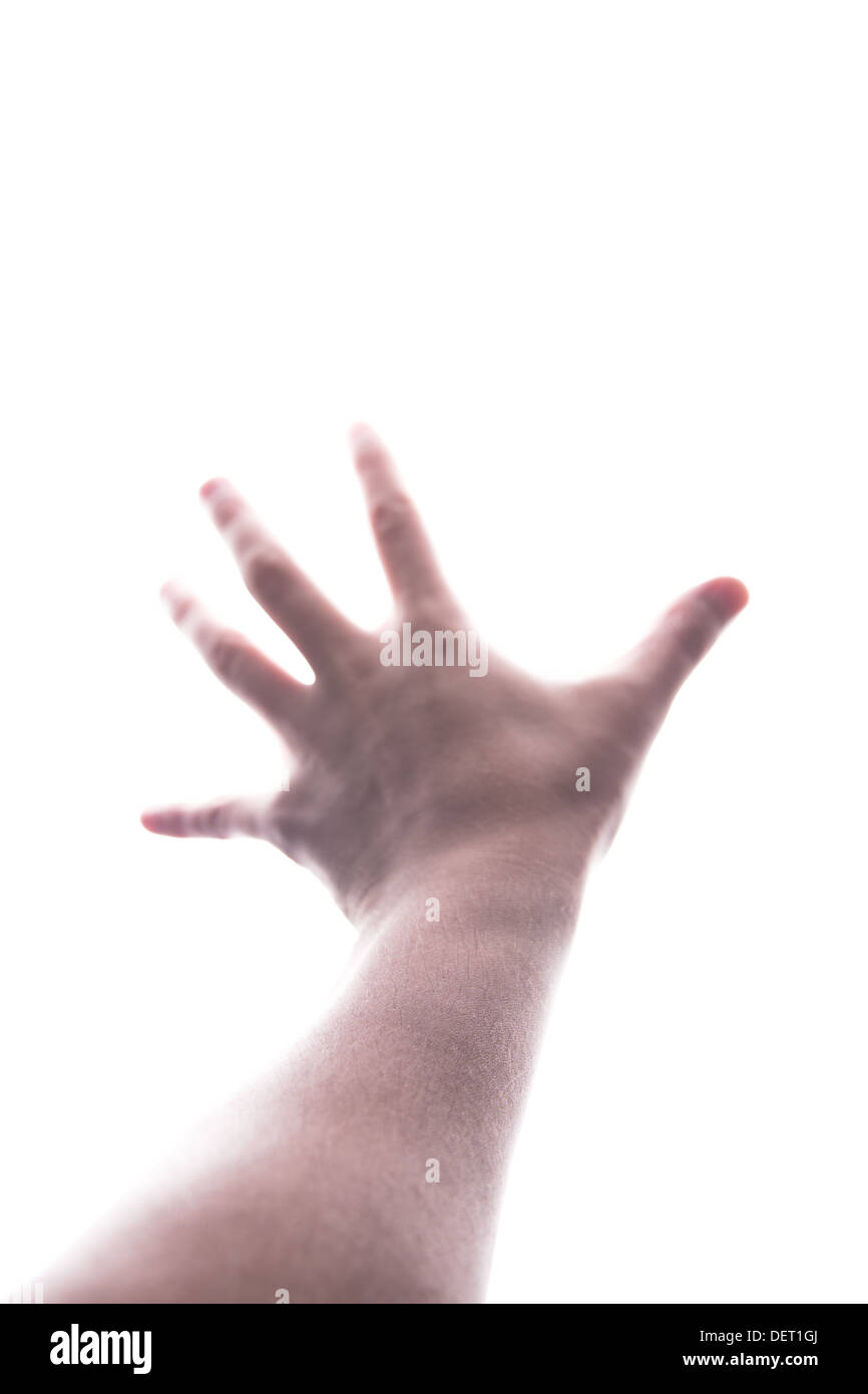 Male hand reaching out the light, religious concept, isolated on white ...