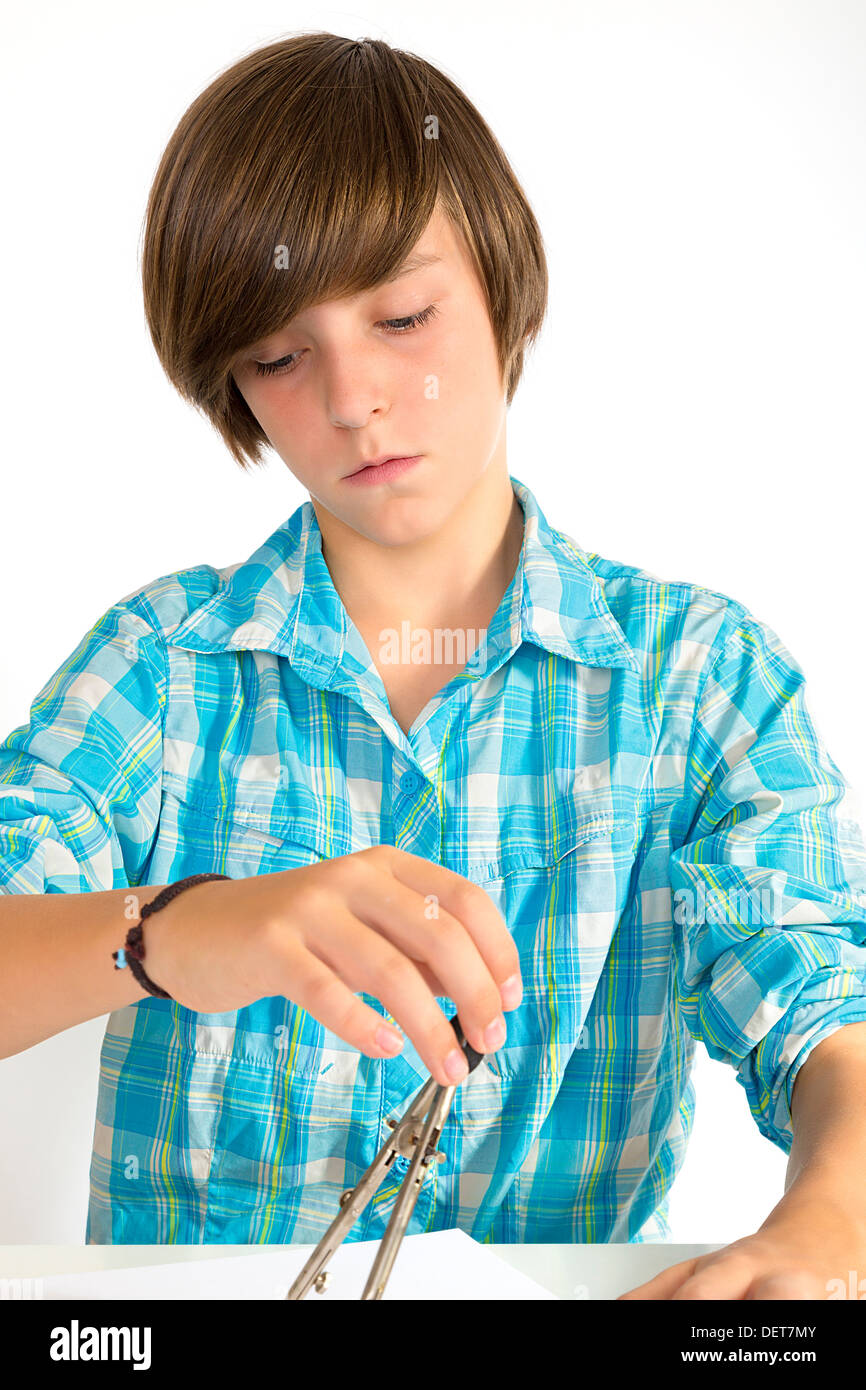 school boy working with a circle, isolated on white Stock Photo - Alamy