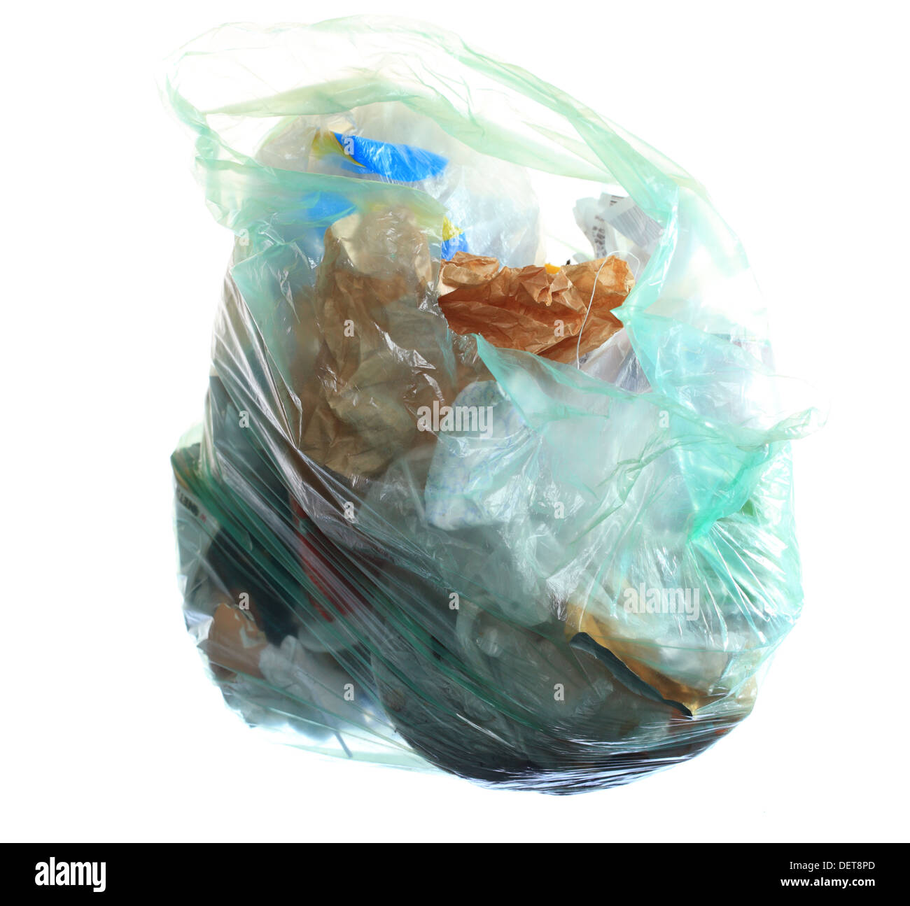 Green rubbish bag with mixed trash garbage isolated on white background ...