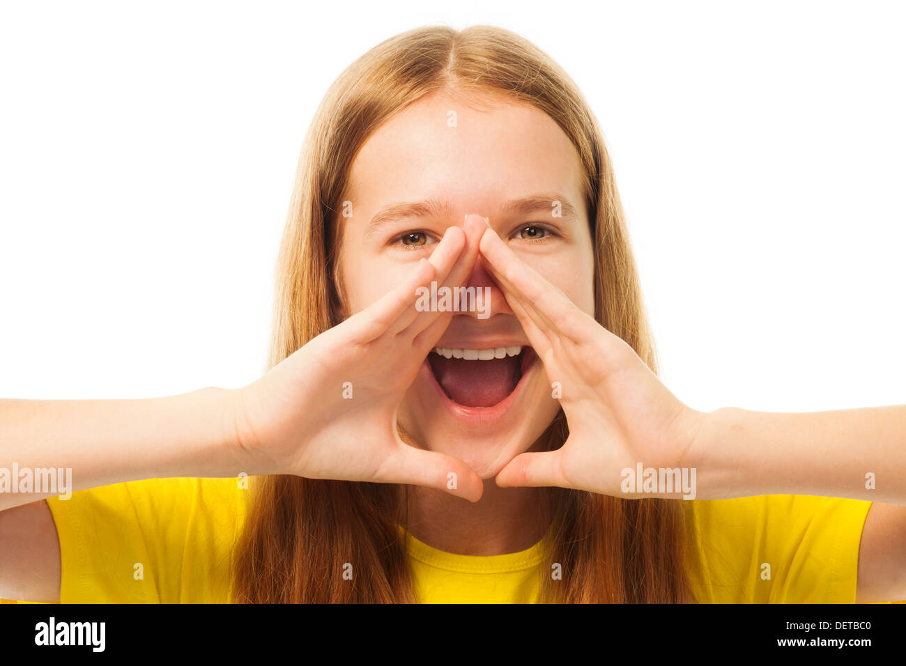 Closeup portrait of shouting girl, with hands on mouse, isolated on ...