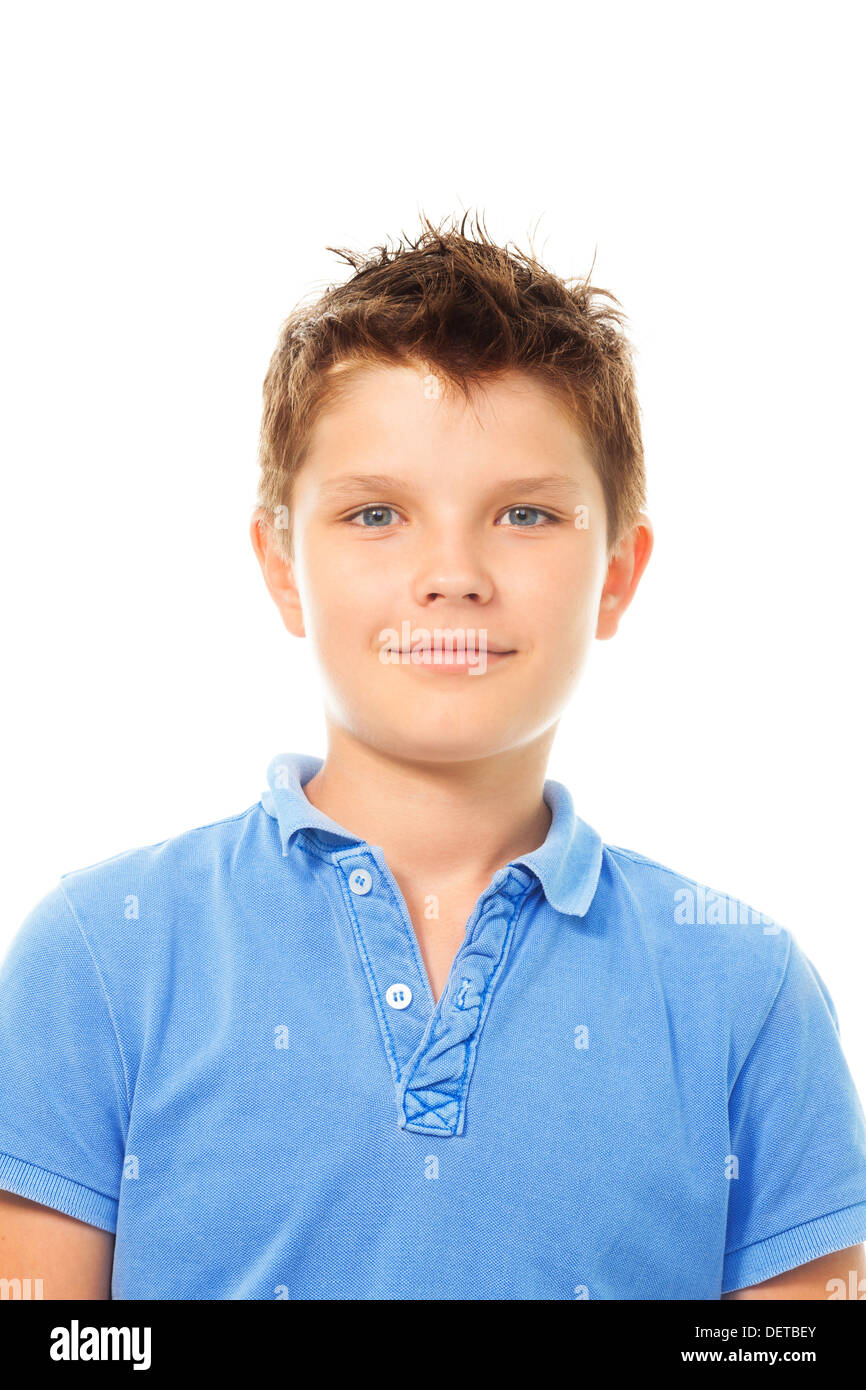 Portrait of happy young boy with mild smile isolated on white Stock ...