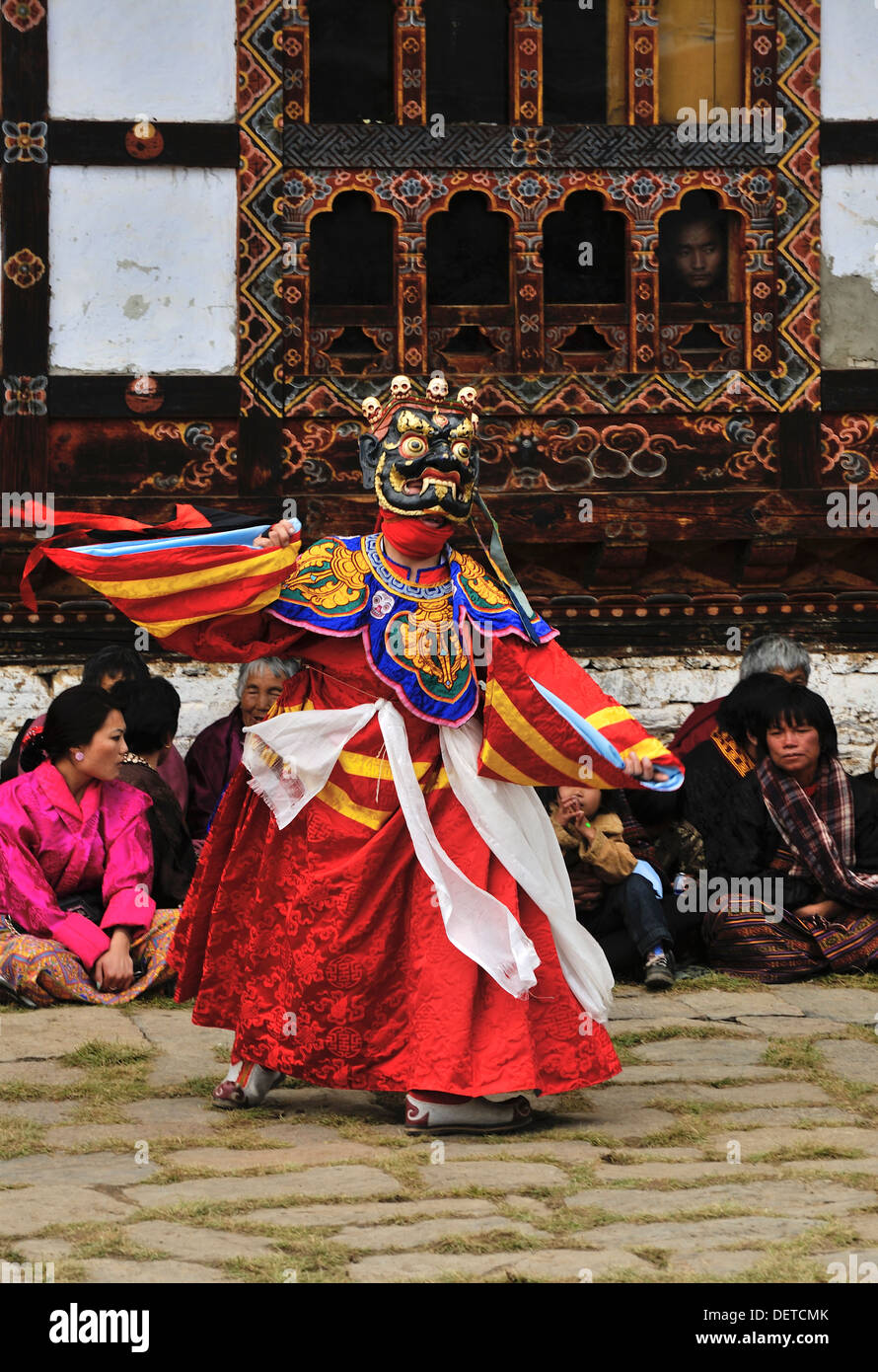 Dancers at Domkhar Tsechu festival held in a monastery in the village of Domkhar, Bumthang ...