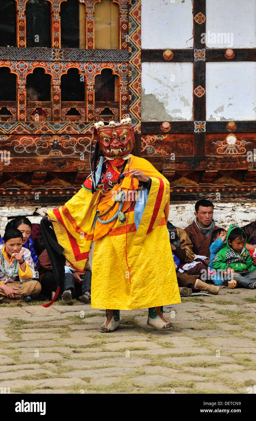 Dancers at Domkhar Tsechu festival held in a monastery in the village of Domkhar, Bumthang ...
