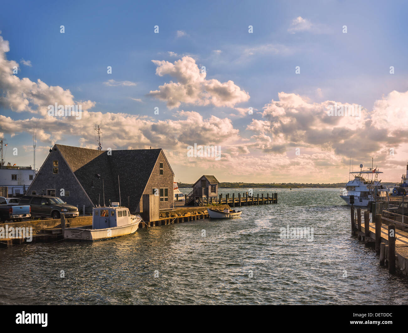 Docked boats, Woods Hole, Cape Cod, Massachusetts late afternoon in ...