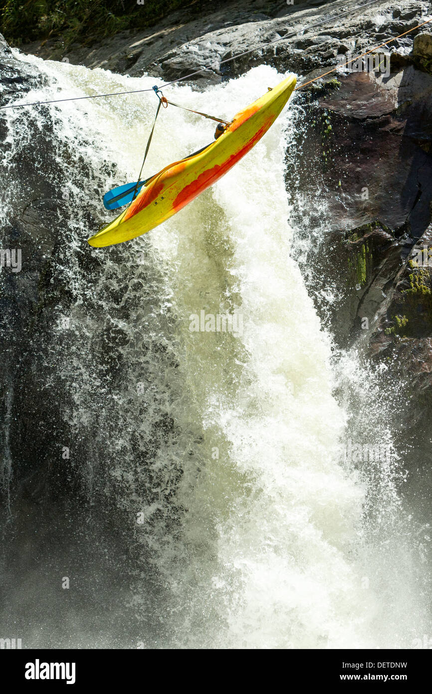 KAYAK SUSPENDED ON A ZIP LINE ZIPLINE EXTREME SPORT THEME Stock Photo ...