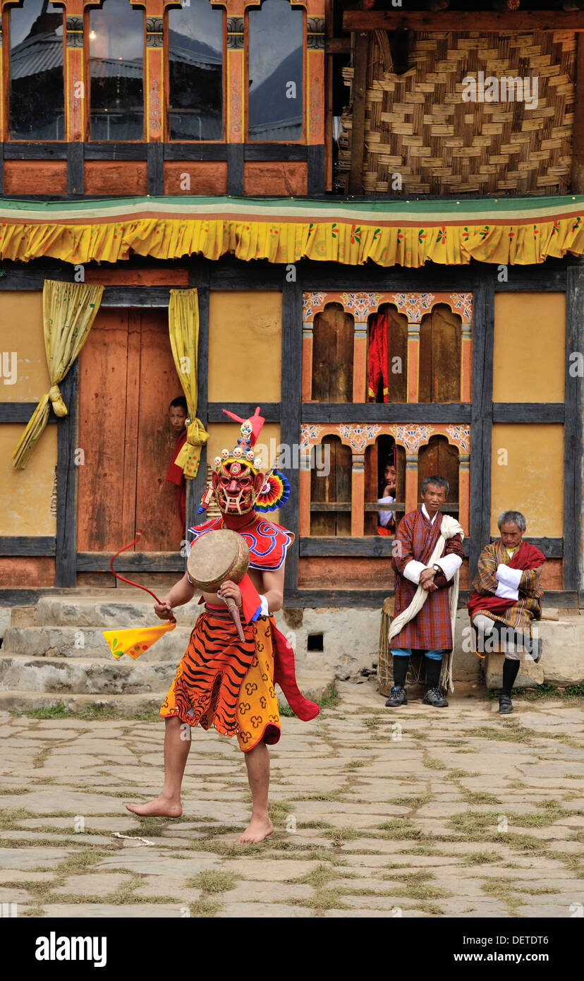 Dancers at Domkhar Tsechu festival held in a monastery in the village of Domkhar, Bumthang ...