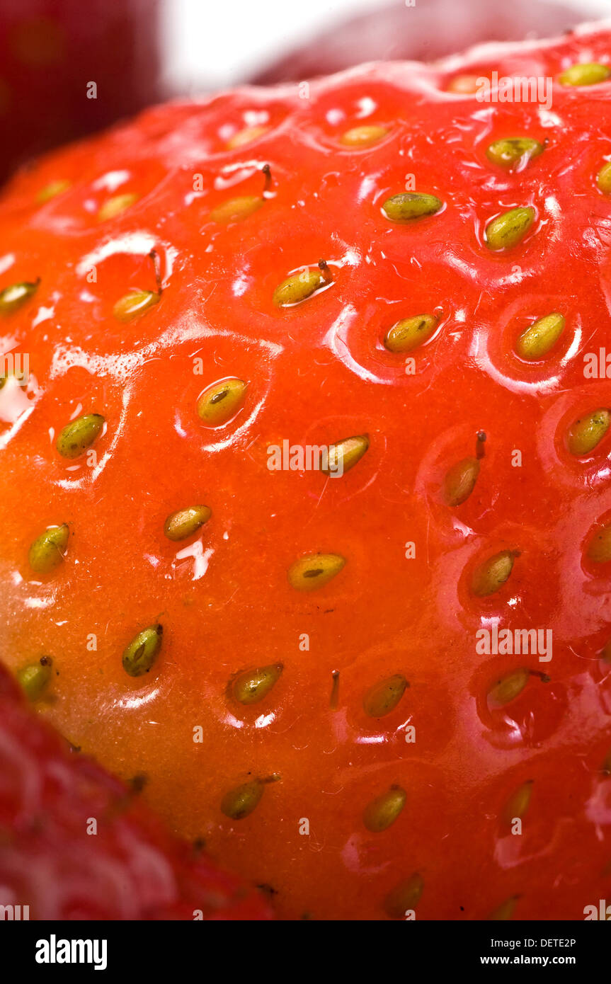 An extreme close up of the seeds and flesh of a fresh strawberry ...
