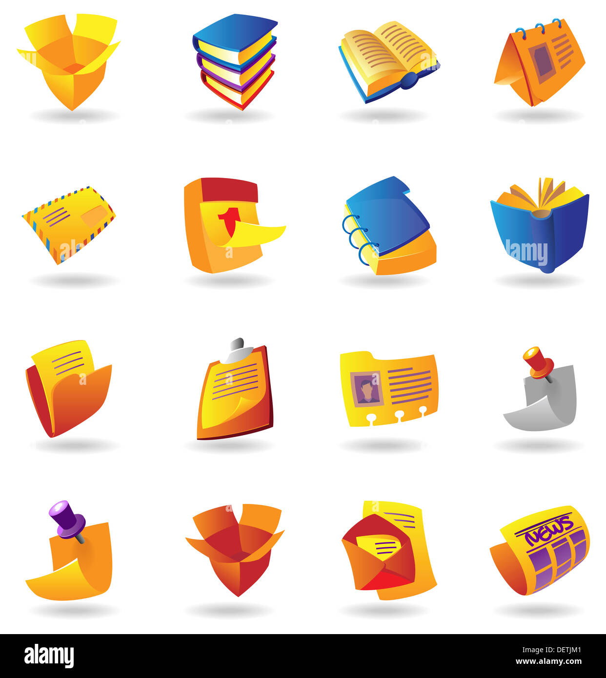 Realistic colorful icon set for books, stationery and papers on white ...