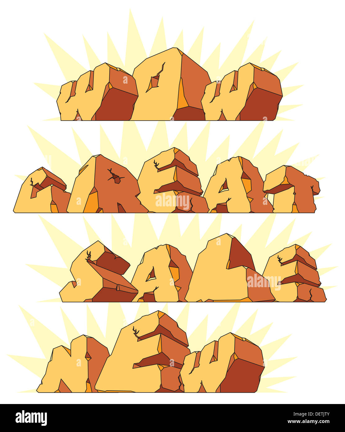 Alphabet made of stone, words Wow, Great, Sale, New. Raster version ...