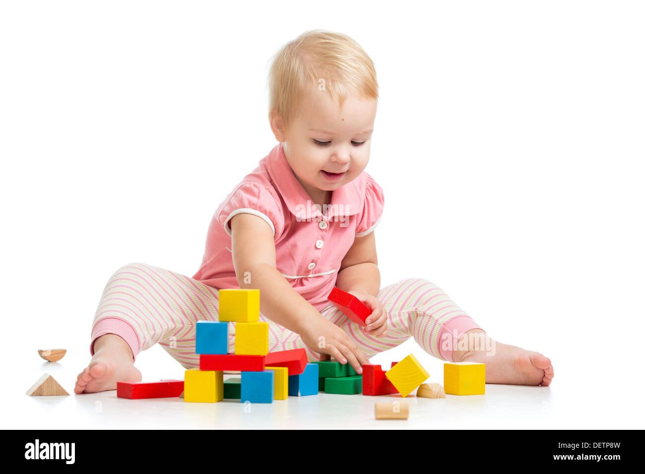 child playing with block toys over white background Stock Photo - Alamy