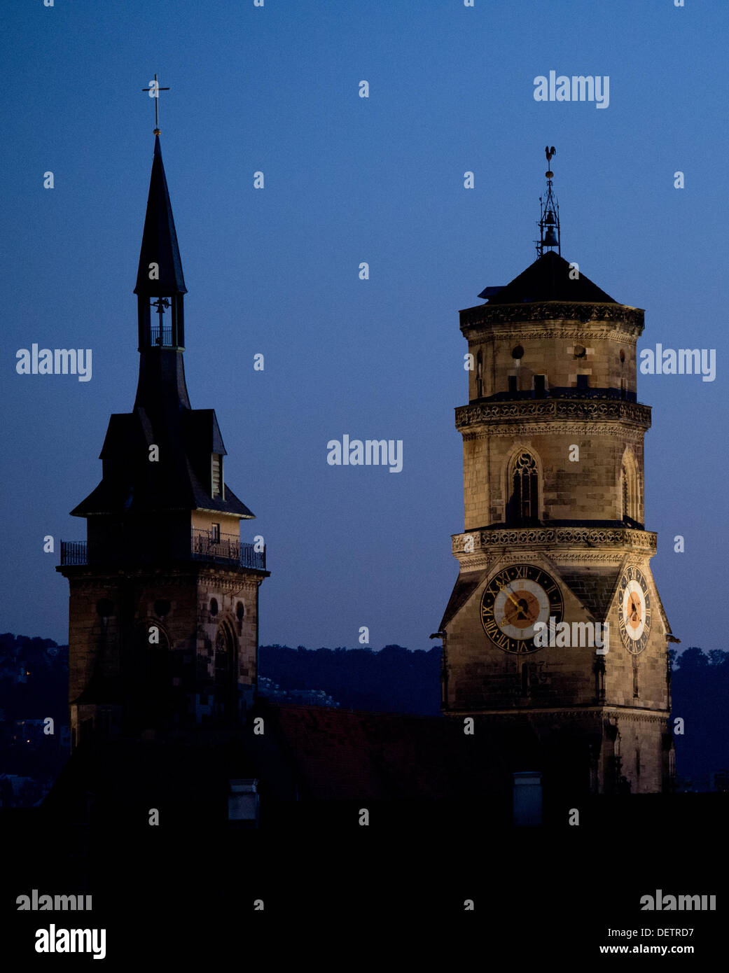 A view of the illuminated collegiate church in Stuttgart, Germany, 23 ...