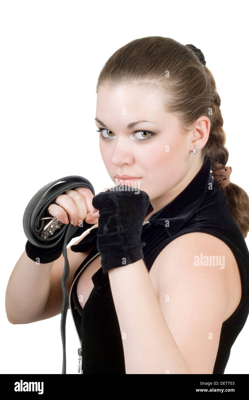 Pretty young angry woman throwing a punch over white Stock Photo - Alamy